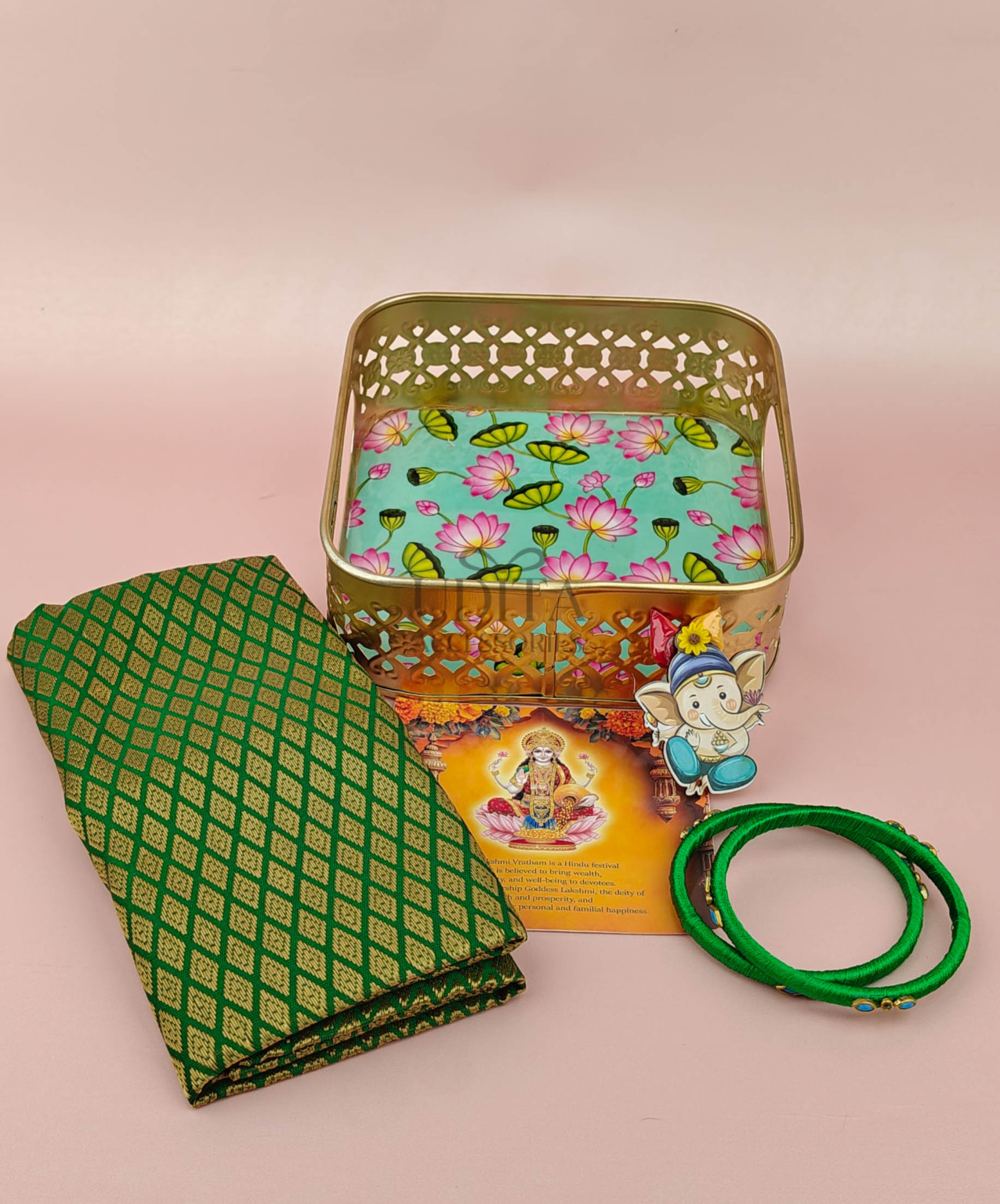 Gold metal pichwai floral square hamper 6 inches - Udita Accessories